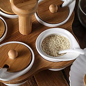 Ceramic Condiment Jar Pots 5 pcs Set durable Round Shape Seasoning Jar with Holder,Spoon and Bamboo Lids for Home Kitchen