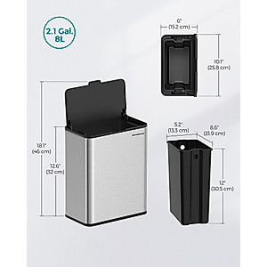 SONGMICS Hanging Trash Can, 2.1-Gallon (8 L) Small Kitchen Garbage Can with Lid, Cabinet Door Hanging or Wall-Mounted with Hooks, for Under Sink, Bathrooms, Metallic Silver ULTB810E08