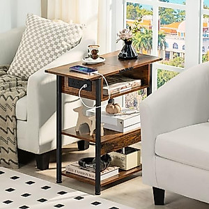 Lerliuo Side Table with Charging Station，Narrow End Table with USB Ports and Outlets,Brown Skinny Nightstand with Open Storage Shelf for Small Space，Slim Sofa Bedside Table for Living Room Bedroom