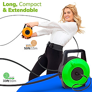 EXTNGO Retractable Network Cable Extender, 33 Ft (10 Meter) CAT 6 Ethernet Cable Flat-Portable 1Gbps Data Speed-Swiftly Setup Temp Networks-Cascadable Male-Female RJ45 Connector-UTP Cable Reel