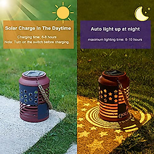 Solar Garden Lanterns Outdoor Waterproof Hanging Decorative American Flag Lights for Patio Yard Camping Deck Porch Outside Table Decorations