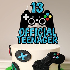 13th Official Teenager Cake Topper Decorations - Birthday Theme Picks Cheers To 13 Years Old Game Party Decoration Handmade Black Gold Red Blue Glitter- LIANGSS