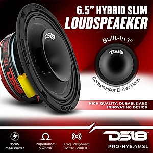 DS18 PRO-HY6.4MSL 6.5" Shallow Hybrid Mid-Range Car Audio Loudspeaker with Built-in Driver and Grill Included 300W Max 150W RMS 4 Ohms (1 Speaker)