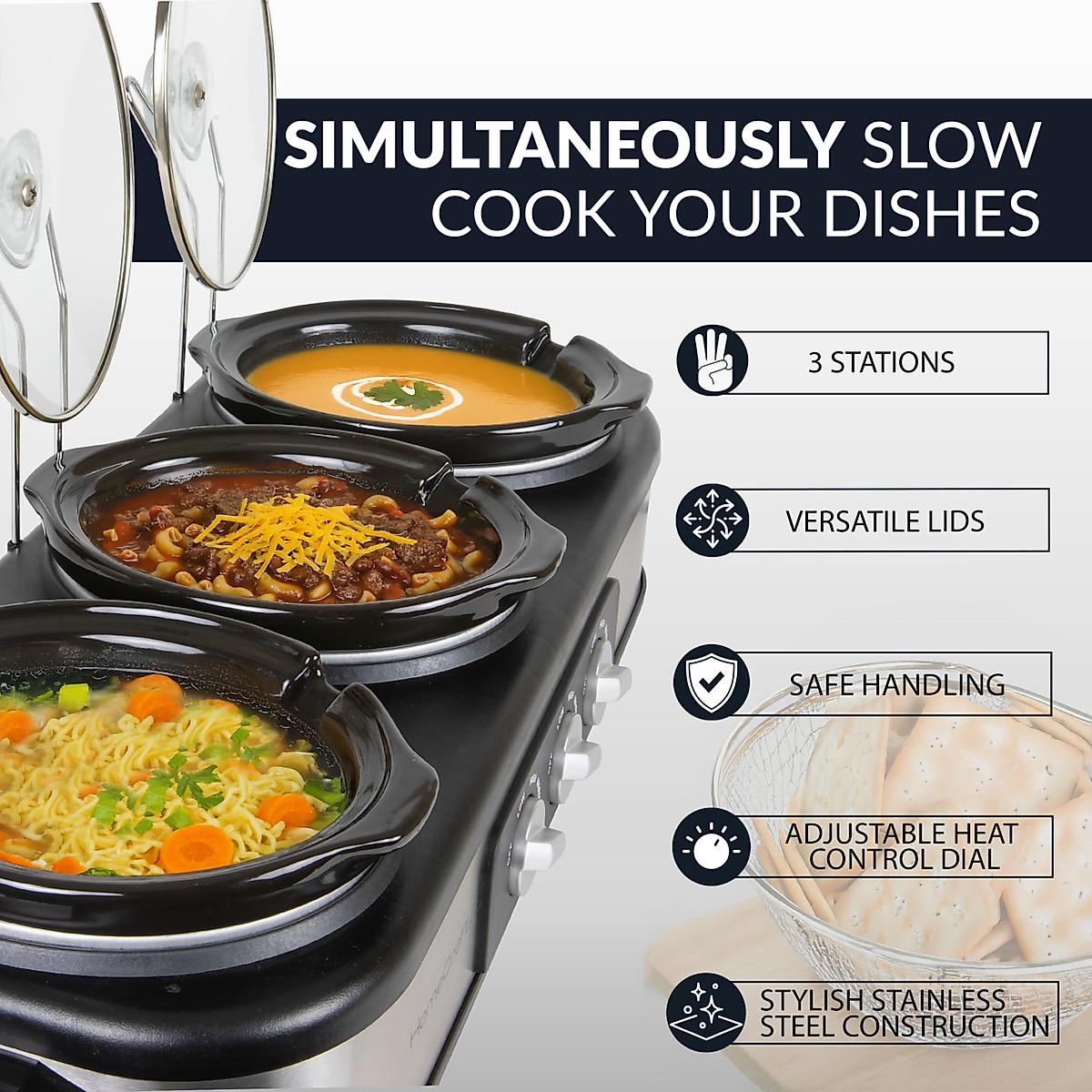 HomeCraft HCTSC15SS Stainless Steel 3-Station 1.5-Quart Oval Slow Cooker Buffet, with Lid & Spoon Rest, Adjustable Heat Control, Perfect for Parties, Holidays, Families