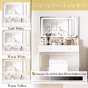 IRONCK Vanity Desk Set with LED Lighted Mirror & Power Outlet, Makeup Vanity Table with 4 Drawers,Storage Stool,for Bedroom, Bathroom, White