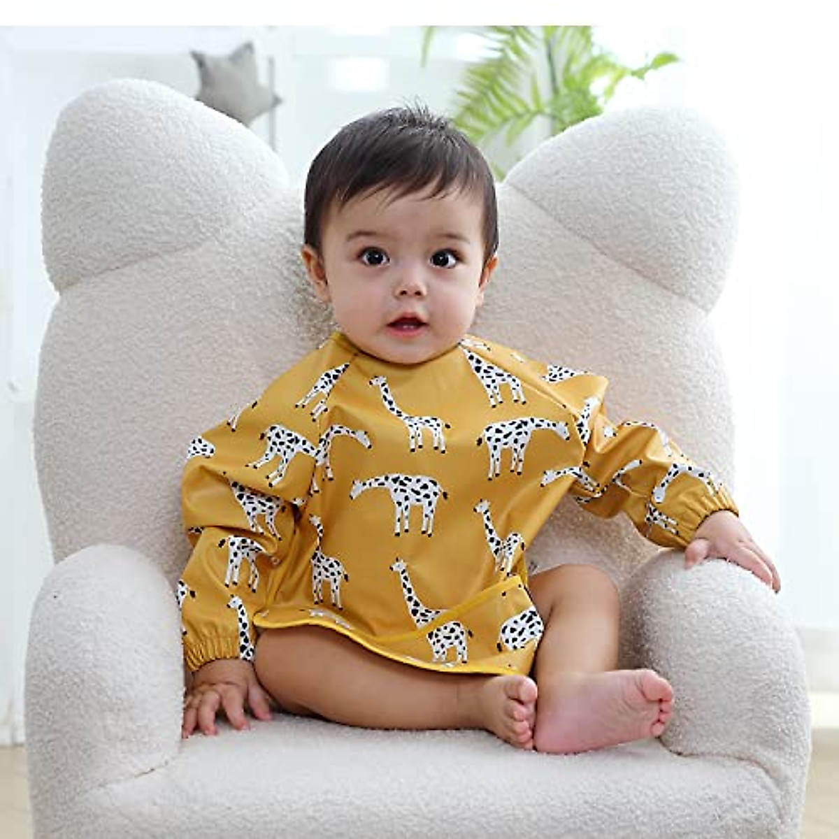 YKVOSAR Allover Print Full Coverage Toddler Baby Bibs Waterproof Recycle Bibs with Pocket Baby Feeding Bibs 2 Pack Washable Oeko Baby Bibs for Eating,Baby Food Bibs for 6-36 Months(Yellow Giraffe L)Pattern Travel Bib Fold up to a Small Size Easy to Clean