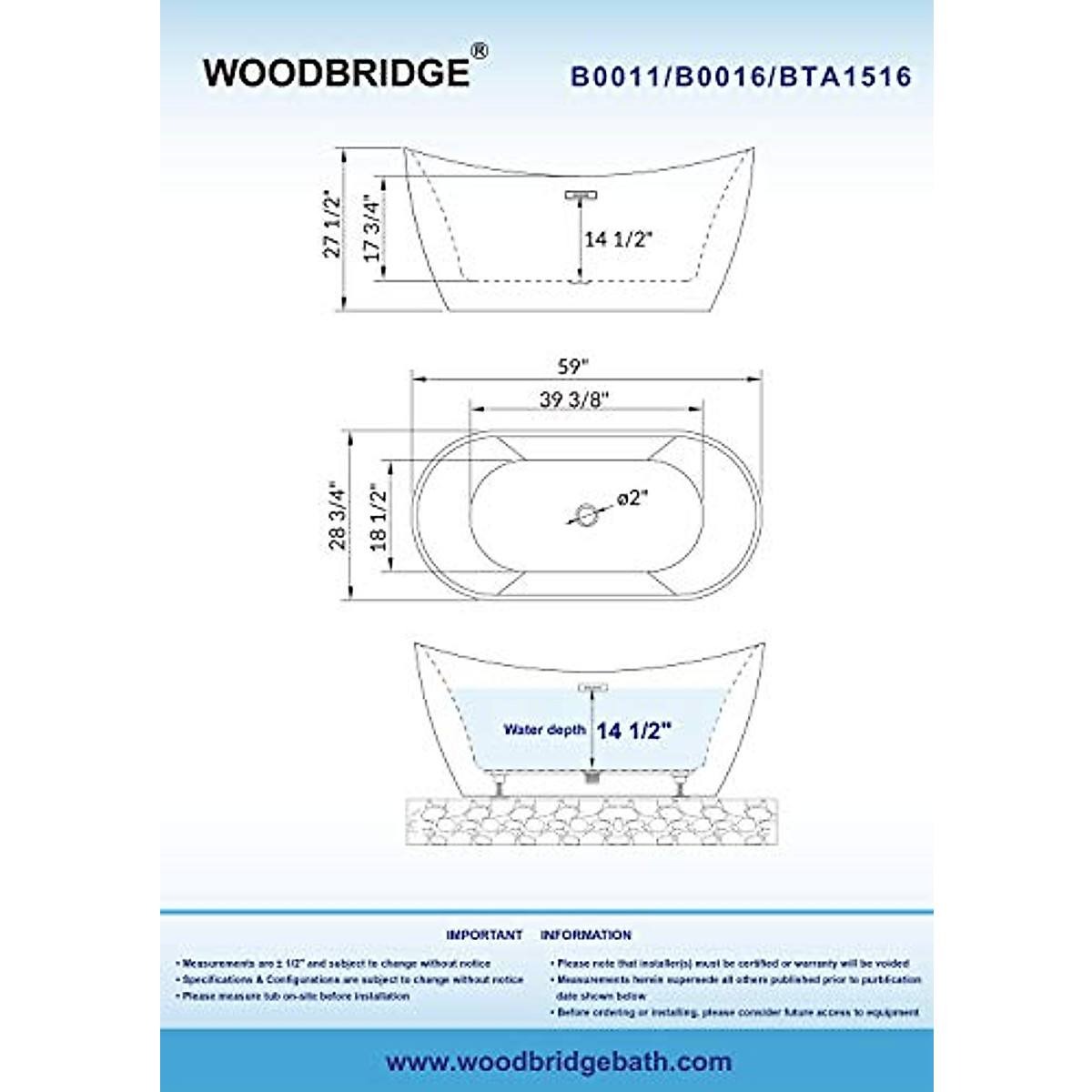 WOODBRIDGE 59" Acrylic Freestanding Bathtub Contemporary Soaking White Tub with Chrome Overflow and Drain，B0016 -C-Drain &O