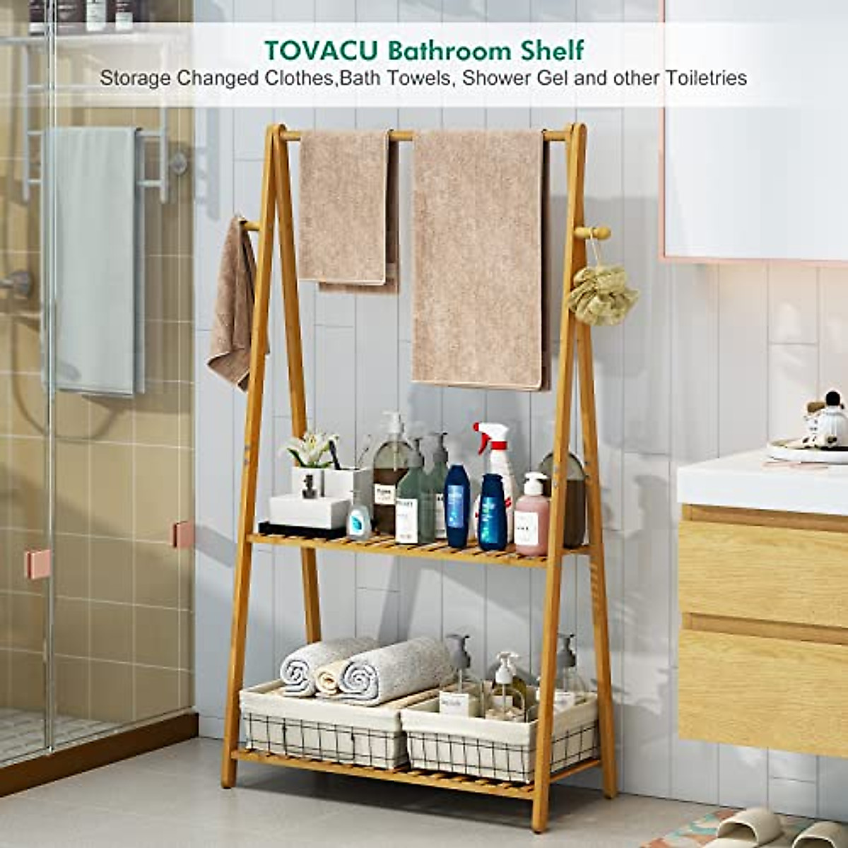 Tovacu Kids Clothing Rack for Hanging Clothes Portable Clothes Rack Wooden Drying Rack Clothing Standing Bamboo Garment Rack with Shelves Laundry Rack for Drying Clothes Indoor