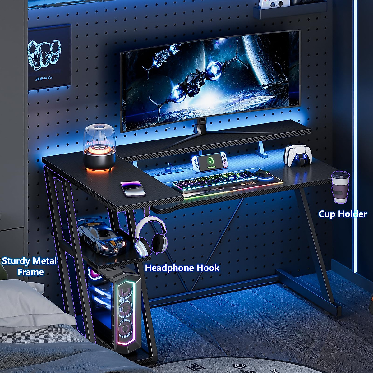 Korfile Reversible Gaming Desk with Power Outlet & LED Lights, Corner Computer Desk with 3 Tiers Storage Shelves, Home Office Desk with Monitor Stand for Small Space, 47 Inch Carbon Fiber Black