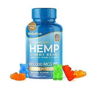 WELLUTION Hemp Gummies 985,000 High Potency - Fruity Gummy Bear with Hemp Oil. Natural Hemp Candy Supplements - Nutritional Value & Great Taste