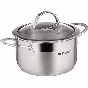 Daniks Bonn Stainless Steel Stock Pot with Glass Lid | Induction 2 Quart | Dishwasher Safe Pot | Measuring Scale | Soup Pasta Stew Pot | Silver