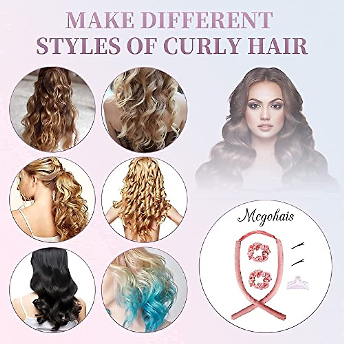 Heatless-Hair-Curler, Upgraded Segmented Design No Heat Silk Curls Headband for More Comfortable Sleep Overnight, Silk Curling Ribbon for Hair with Rubber Bands and Clips (Pink)