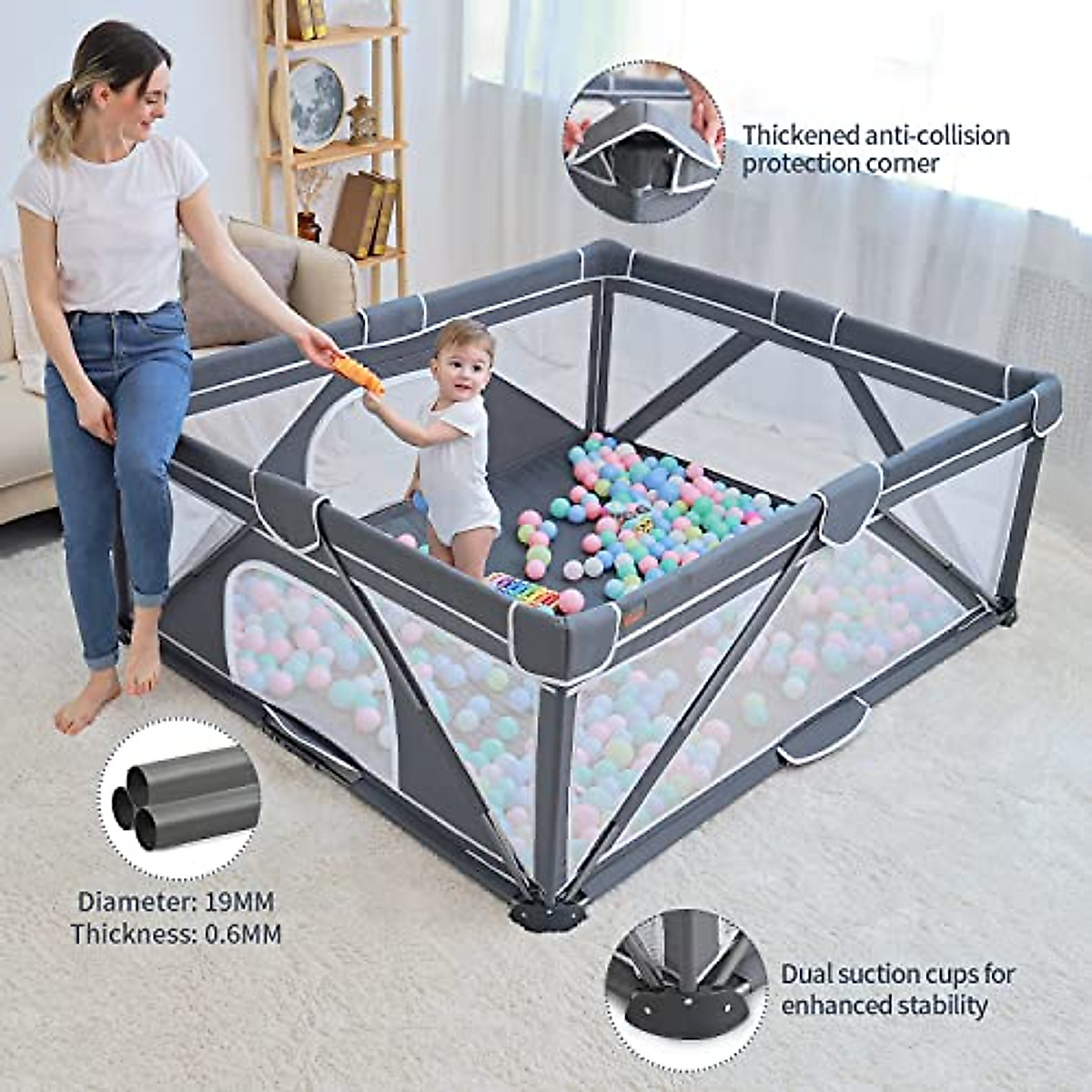 Foldable Baby Playpen, Yobear Large Playpen for Babies and Toddlers with 50 PCS Ocean Balls & 2 Handles, Indoor & Outdoor Kids Safety Play Pen Area, Portable Travel Play Yard (50"×50")