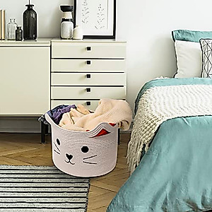 Large Woven Cotton Rope Basket with Handle, Ideal for Storage and Organization for kids toys,Towels, Clothes, blanket,Gifts. Pet Basket for Cat & Dog，Laundry Blanket Basket