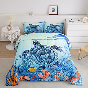 Teal Sea Turtle Comforter Set Twin Size, 3D Tortoise Reptile Bedding Sets for Boys Girls Kids Teens, Sea Animal Comforter Ocean Decor, Blue Green Coastal Nature Down Comforter with 1 Pillowcase