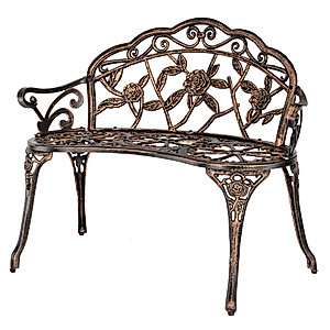 CIYOUNG Outdoor Loveseat Bench, Anti-Rust Aluminum Metal Seating Furniture for Garden Patio Porch Park Deck Lawn w/Floral Rose - Bronze