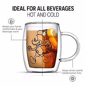 JoyJolt Aroma Disney Mickey and Pluto 13.5oz Glass Cups Set. 2 Insulated Double Wall Glass Coffee Cups, Insulated Coffee Cup Set. Unique Coffee Mugs, Large Espresso Cups. Disney Cups and Disney Mugs.