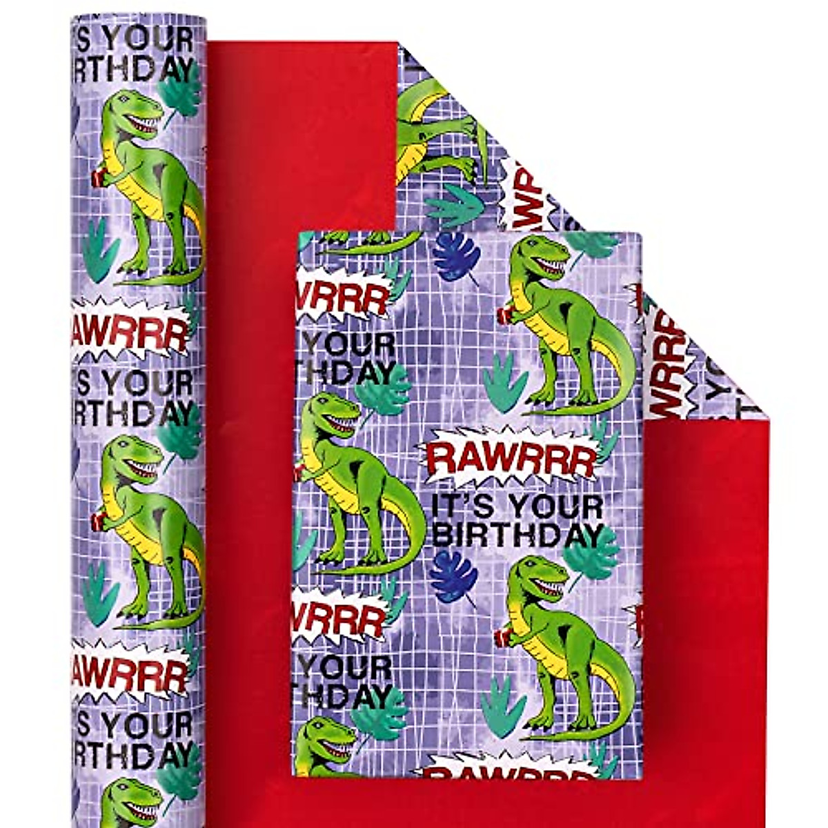 WRAPAHOLIC Reversible Wrapping Paper - Mini Roll - 17 Inch X 33 Feet - Unique Dinosaur Design for Kid's Birthday, Party, Baby Shower