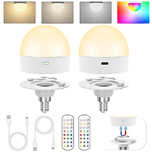 E12 Rechargeable Light Bulbs with Remote Control Timer and 15 Color Temperature,350LM,Removable Base,Magnetically,Battery Operated Light Bulbs,USB Fast Charging,Dimmer,for Non-Hardwired,2Packs