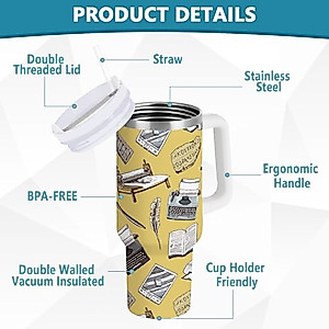 Emelivor Books Yellow 30 oz Tumbler with Lid and Straw Insulated Tumblers with Handle Leak Proof Coffee Tumbler Mug Large Water Bottles for Hot and Iced Cold Drinks