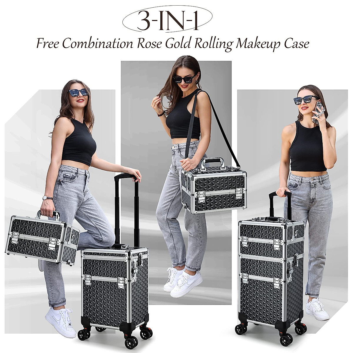 Professional Rolling Makeup Case, 3 in 1 Makeup Train Case, Cosmetology Case on Wheels, Large Makeup Trolley Salon Barber Traveling Trunk Suitcase for Makeup School Nail Tech Hairstylist MUA, Black