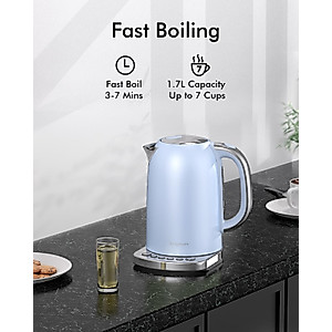 Electric Tea Kettle with Temperature Control, Longdeem 1.7L Stainless Steel Water Boiler & Heater, 1500 Watts for Fast Boiling, Cordless Serving with LED Light, Pastel Blue