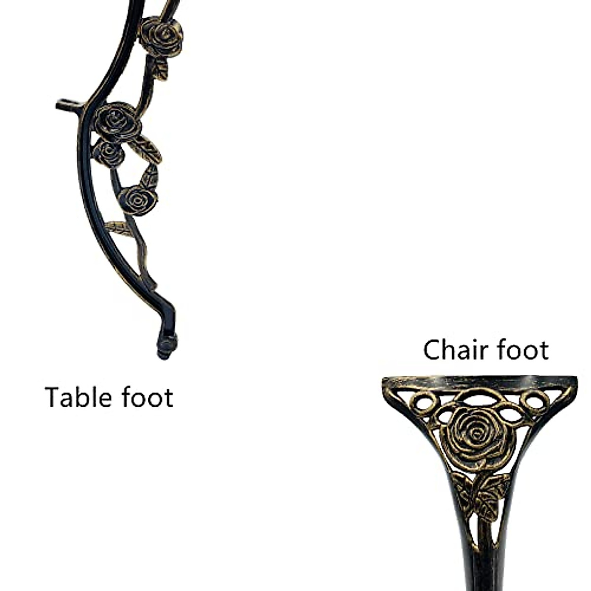 KAI LI 4-Piece Balcony Tables and Chairs, 1 Table, 2 Round Chairs and 1 Bench, Metal cast Aluminum, Bistro Suit, Garden Bench, Rose Pattern (Bronzed)