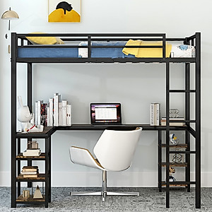 Full Size Loft Bed with Desk and Build in Ladder, Metal Loft Bed with Storage Shelves, L-Shaped Desk and Full Length Guardrail, Full Loft Bed for Kids, Girls, Boys, Teens, Black Loft Bed