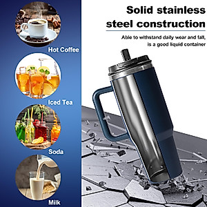 Klickpick Home 40 Ounce Stainless Steel Vaccum Insulated Thermal Tumbler With Handle Lid 2 straws, Reusable Travel Coffee Mug Cup Cupholder friendly, Keeps cold for 30 H, 100% Leakproof (Navy Blue)