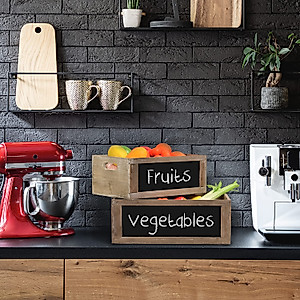 MyGift Rustic Brown Wood Crate with Chalkboard Label, Decorative Storage Bin Wooden Crates with Erasable Chalk Front Panel and Cut Out Handles, Set of 2