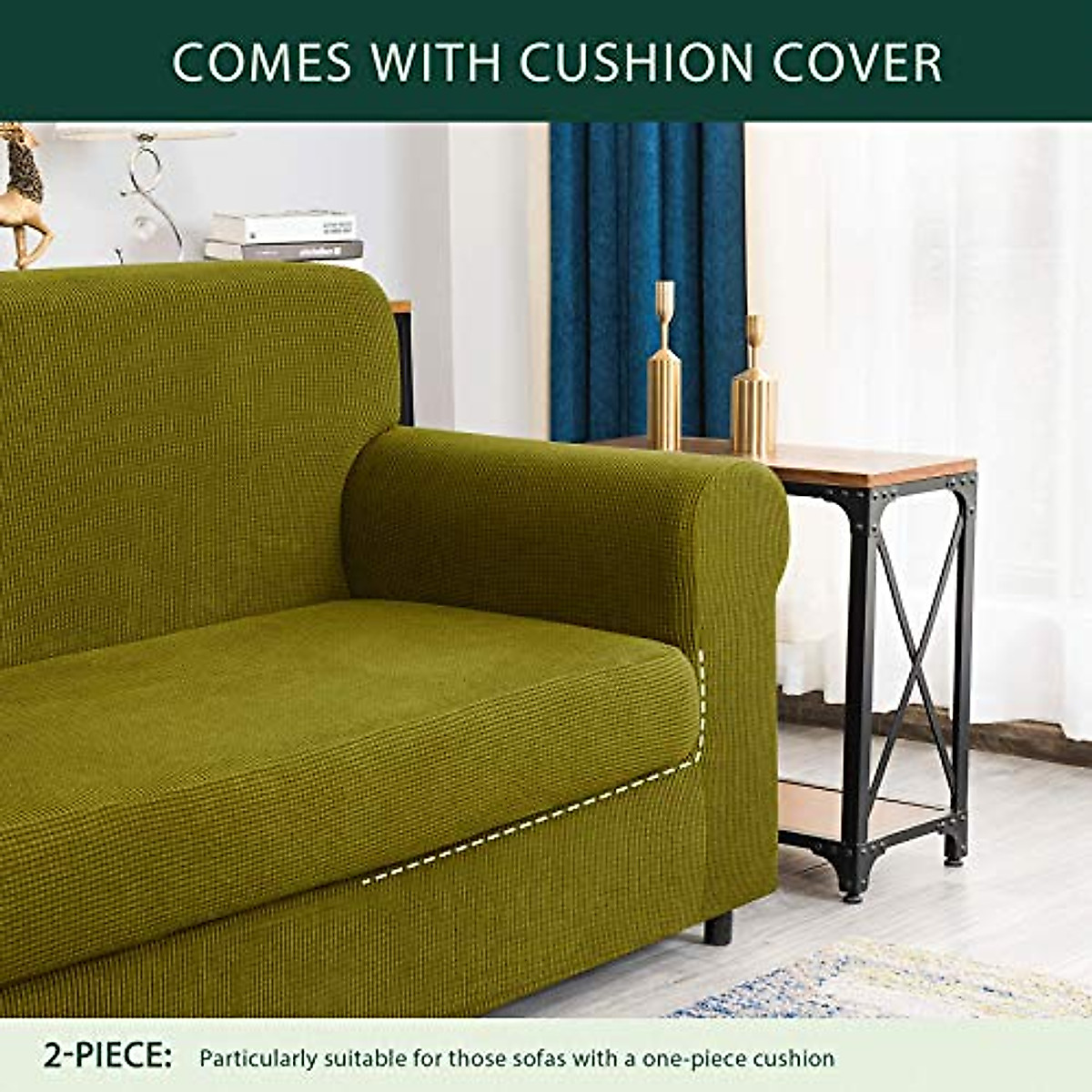 CHUN YI Stretch Loveseat Sofa Slipcover 2 Piece Sofa Cover, 2 Seater Couch Slipcover Coat Soft Washable Furniture Covers with Elastic Bottom, Checks Spandex Jacquard Fabric, Medium, Yellow Green