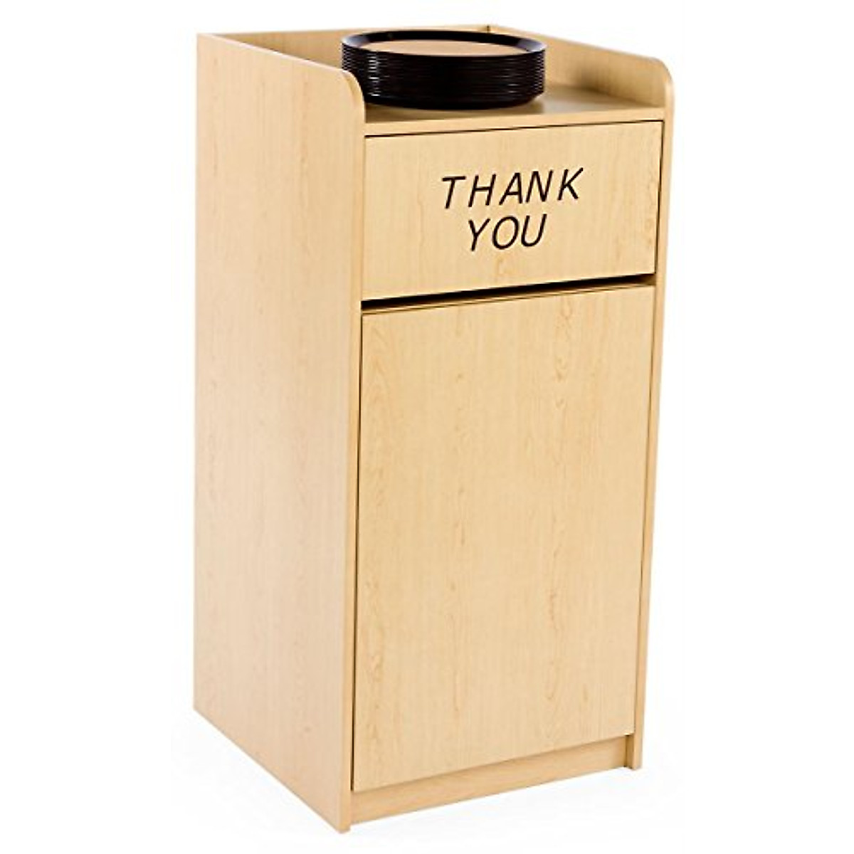 Displays2go Commercial Trash Container for 36 Gallon Bin, Drop Hole and Tray Holder, Thank You Message Engravement, Hinged Door - Maple (LCKDPZTRMP2)