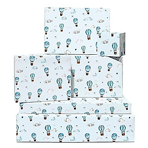 Blue Wrapping Paper for Kids - 6 Sheets of Gift Wrap with Tags - Hot Air Balloon - Girls & Boys Wrapping Paper - For Birthday or Baby Shower - Comes with Stickers - Central 23