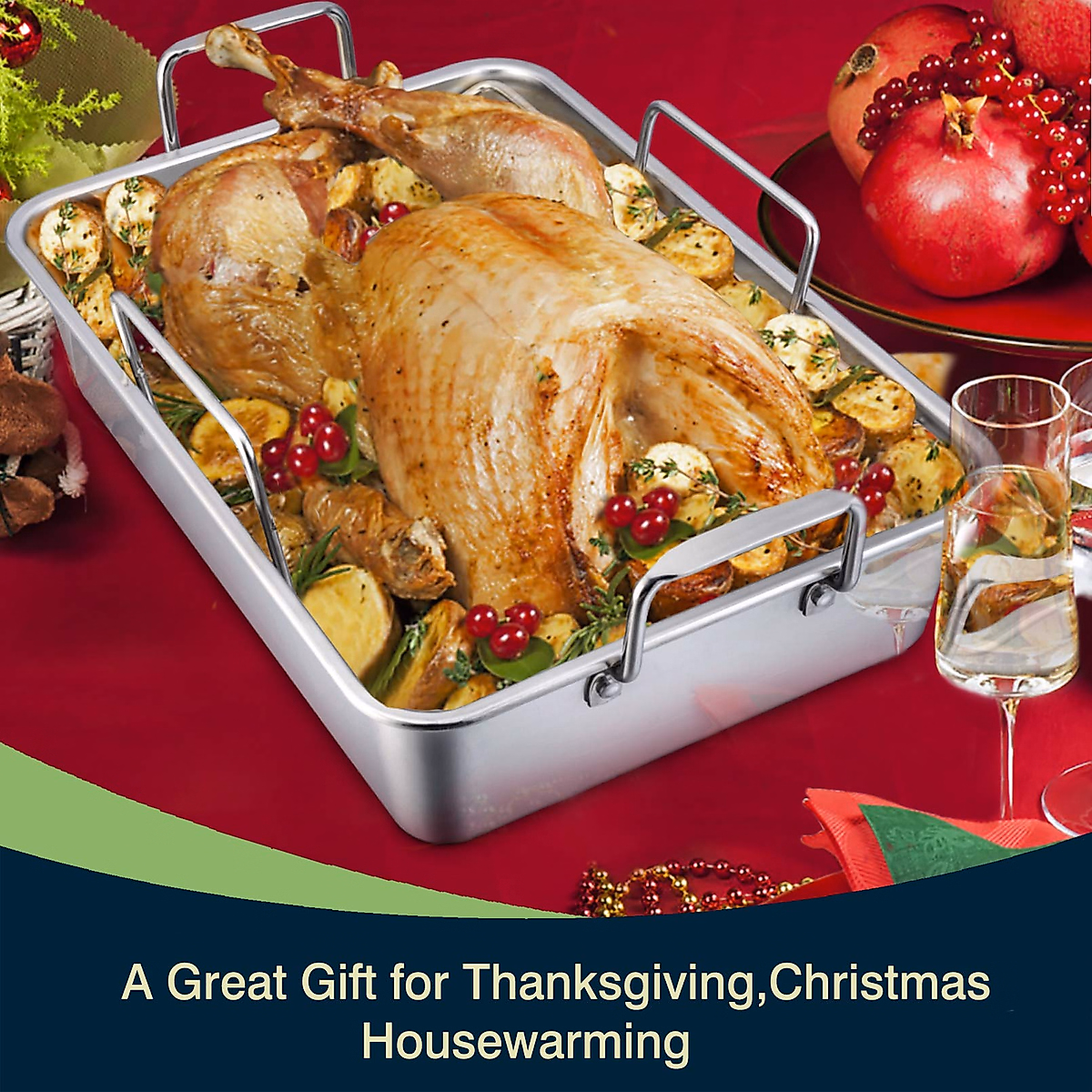 16” Roaster Roasting Pan with Baking Rack and V-shaped Rack, P&P CHEF Stainless Steel Rectangular Lasagna Pan with Handles for Turkey Chicken, Heavy Duty & Healthy & Dishwasher Safe, 3 Pieces