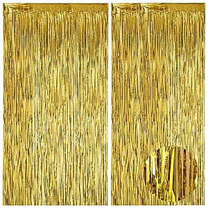 AIBIIN 2 Pack of 3.3x6.6ft Gold Foil Fringe Curtain Gold Streamers Backdrop Curtains for Gold Party Decorations Gold Graduation Wedding Birthday Bachelorette New Year Decor Photo Shoot Props