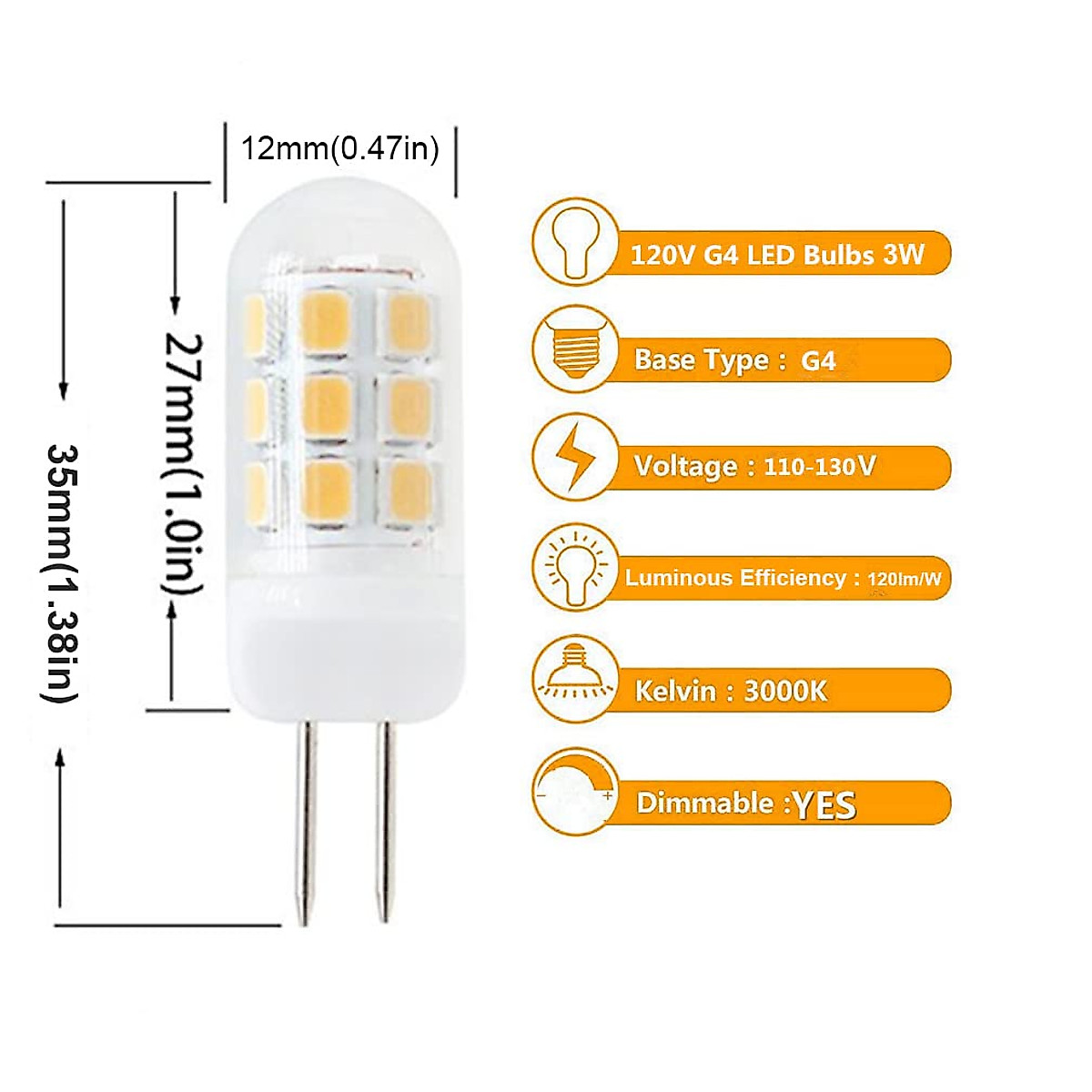 G4 LED Bulbs 120V G4 Bi-Pin Base Light Bulbs 120V G4 3.5W Warm White 3000k 120lm/w Equivalent to 35W G4 Halogen for Under-Cabinet Lights Ceiling Lights Table Lights Puck Lights (Pack of 5)