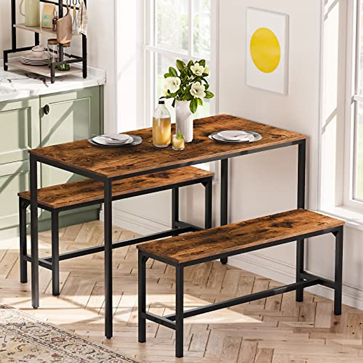 HOOBRO Dining Benches, Pair of 2 Kitchen Benches, Industrial Table Benches, Wooden Indoor Benches, Durable and Stable, for Dining Room, Kitchen, Living Room, Bedroom, Rustic Brown BF02CD01