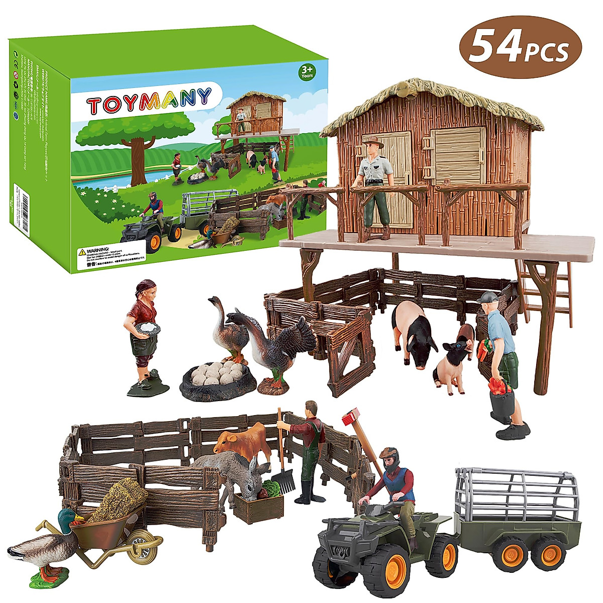 Toymany 54PCS Big Farm Animals Figurines Toy with Barn House Motorcycle Fence - Farm Tractor Figures Set with Farmers Pigs Foods, Educational Toys Christmas Birthday Gift or Kids Toddlers