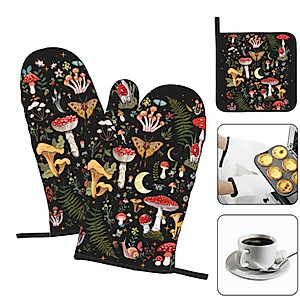 Cute Mushroom Oven Mitts and Pot Holders Sets of 3,Funny Black Gothic Witchy Gifts Heat Resistant Kitchen Mitts Non Slip Washable for Cooking Grilling Baking BBQ Kitchen Decor