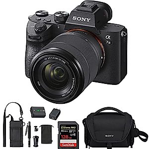 Sony a7III Full Frame Mirrorless Interchangeable Lens Camera with 28-70mm Lens Bundle with 128GB Memory Card, Monopod, and Soft Carrying Case for Cyber-Shot and Alpha Cameras