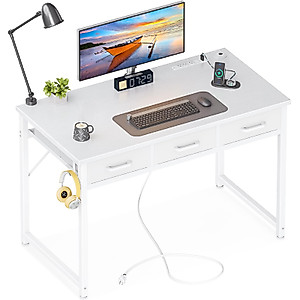 AODK 40 Inch Small Computer Desk with 3 Fabric Drawers, Office Desk with USB/Type-C Charging Ports & Power Outlets, Vanity Desk with Iron Hook for Bedroom, Study/Writing/Work Table for Bedroom, White
