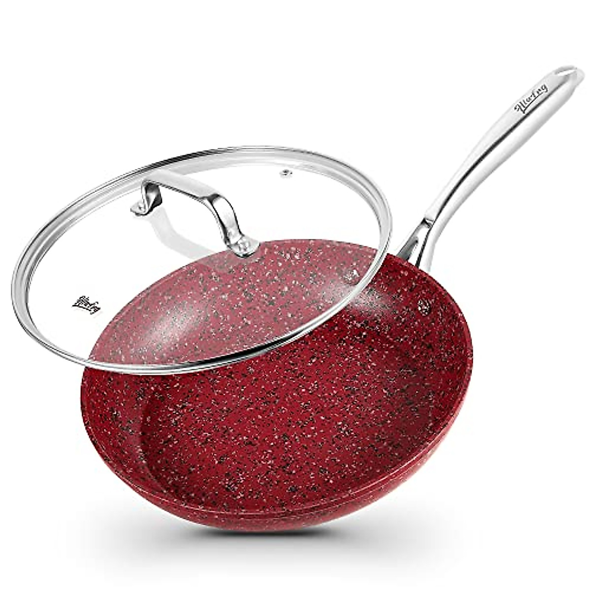 HLAFRG 8 Inch Nonstick Frying Pan with Lid, Red Granite Skillet with Non Toxic APEO & PFOA Free,Even Heating and Less Oil,Oven Pan with Heat-Resistant Handle,Omelet Pan with lid,Induction Compatible