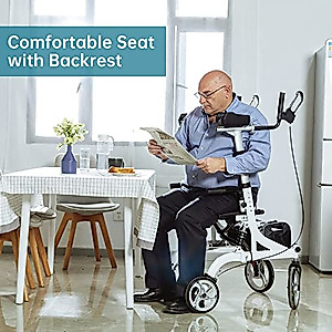 ELENKER Upright Rollator Walker, Stand Up Rollator Walker with Shock Absorber, 10” Front Wheels and Carrying Pouch, Suitable for Outdoor, White