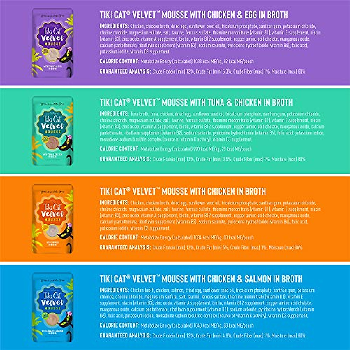 Tiki Cat Velvet Mousse, Protein Blend in Broth Variety Pack, Complete Nutrition for Balanced Diet, Wet Cat Food For All Life Stages, 2.8 oz. Pouch (Pack of 12)