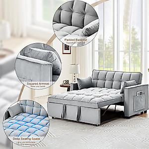 55 Inch Velvet Convertible Sleeper Sofa Bed, 3 in 1 Futon Sofa Couch with Pull-out Bed, Modern Love Seat Sleeper with Adjustable Backrest, 2 Pillows and Side Pockets for Living Room (Velvet Gray)
