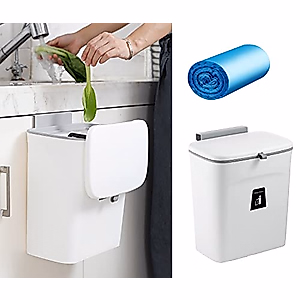 Lunies 2.4 Gal Compost Bin/Hanging Small Trash Can with Lid for Kitchen Cabinet Door/Counter Top/Under Sink/Bedroom/Bathroom/Cupboard White