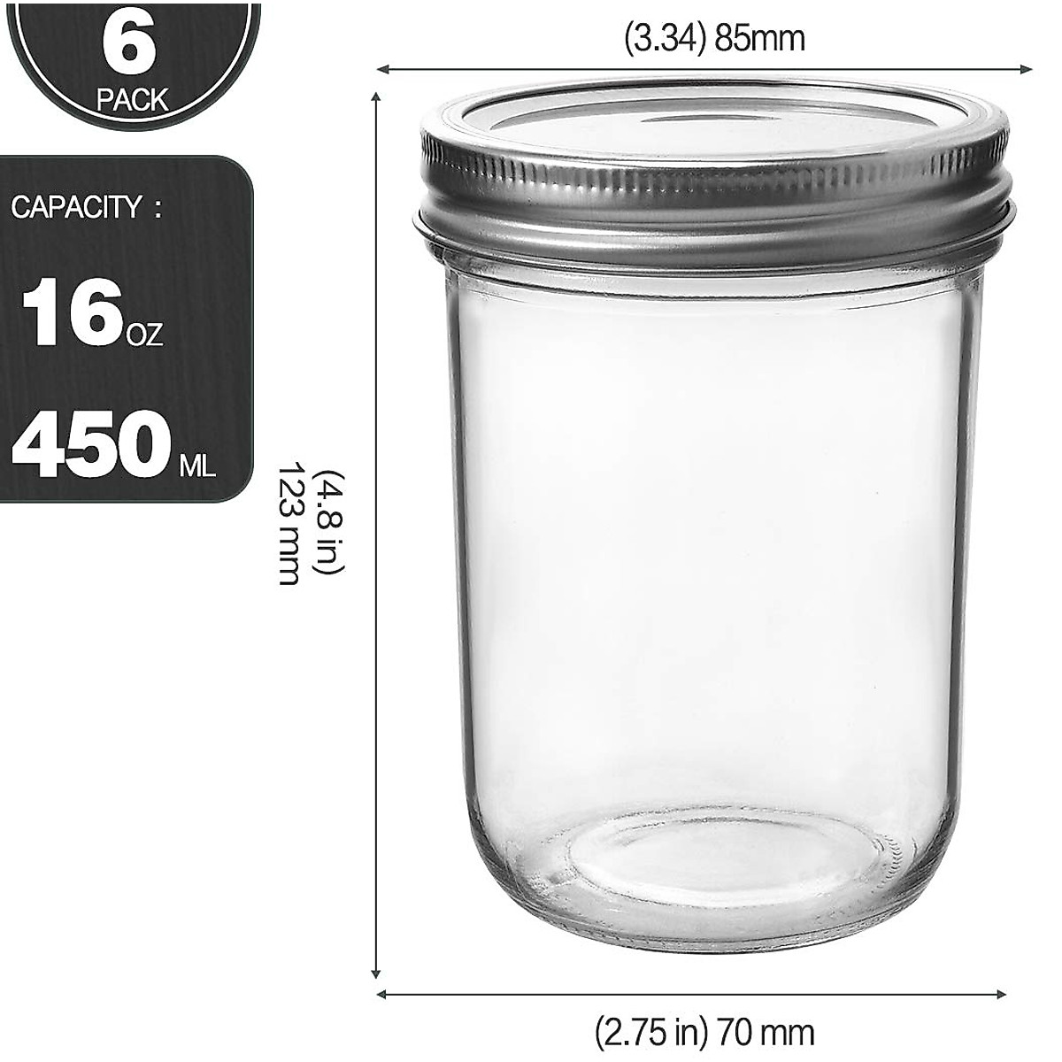 KAMOTA Wide Mouth Mason Jars 16 oz, 16oz Mason Jars Canning Jars Jelly Jars With Wide Mouth Lids and Bands, Ideal for Jam, Honey, Wedding Favors, Shower Favors, Baby Foods, 6 PACK