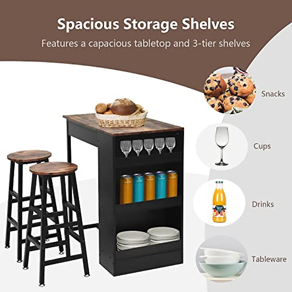 COSTWAY 3 Pieces Bar Table and Chairs Set, Counter Height Dining Table with 2 Bar Stools and 3 Shelves, Industrial Pub Kitchen Table Set for Living Room, Restaurant, Bar, Brown
