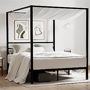 ikalido Queen Size Metal Canopy Bed Frame, Modern Four-Poster Platform Bed Frame, Mattress Foundation with Wood Slat Support/Under-Bed Storage Space/No Box Spring Needed/Black