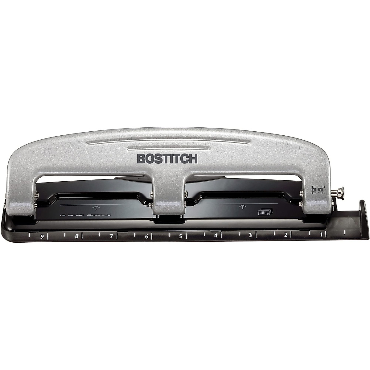 Bostitch Office Three-Hole Punch, Silver/Black (2101), 12 Sheet Black